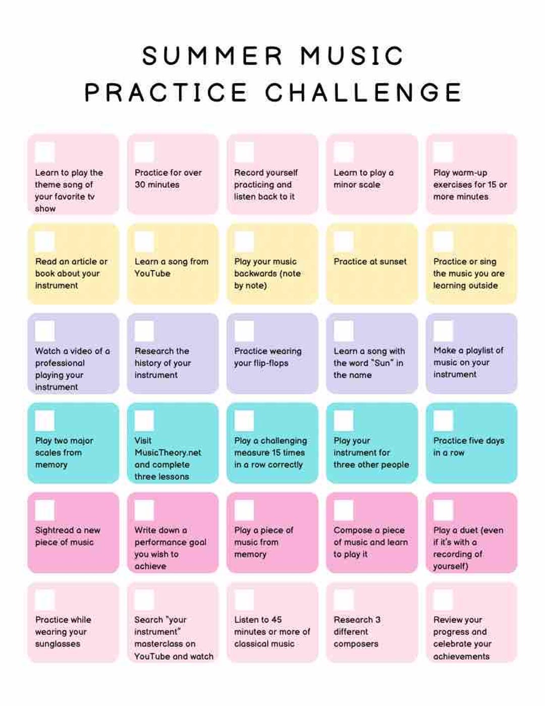 Summer Music Practice Challenge Game for Band Directors, Private Music ...