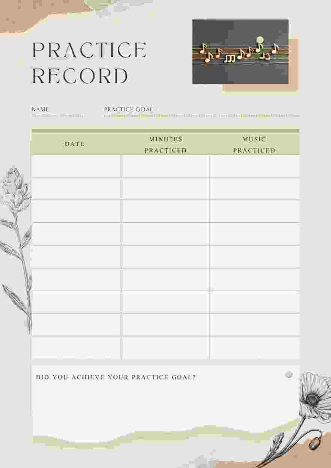 Music Practice Record Log Sheet, for Band Students, Piano Lessons ...