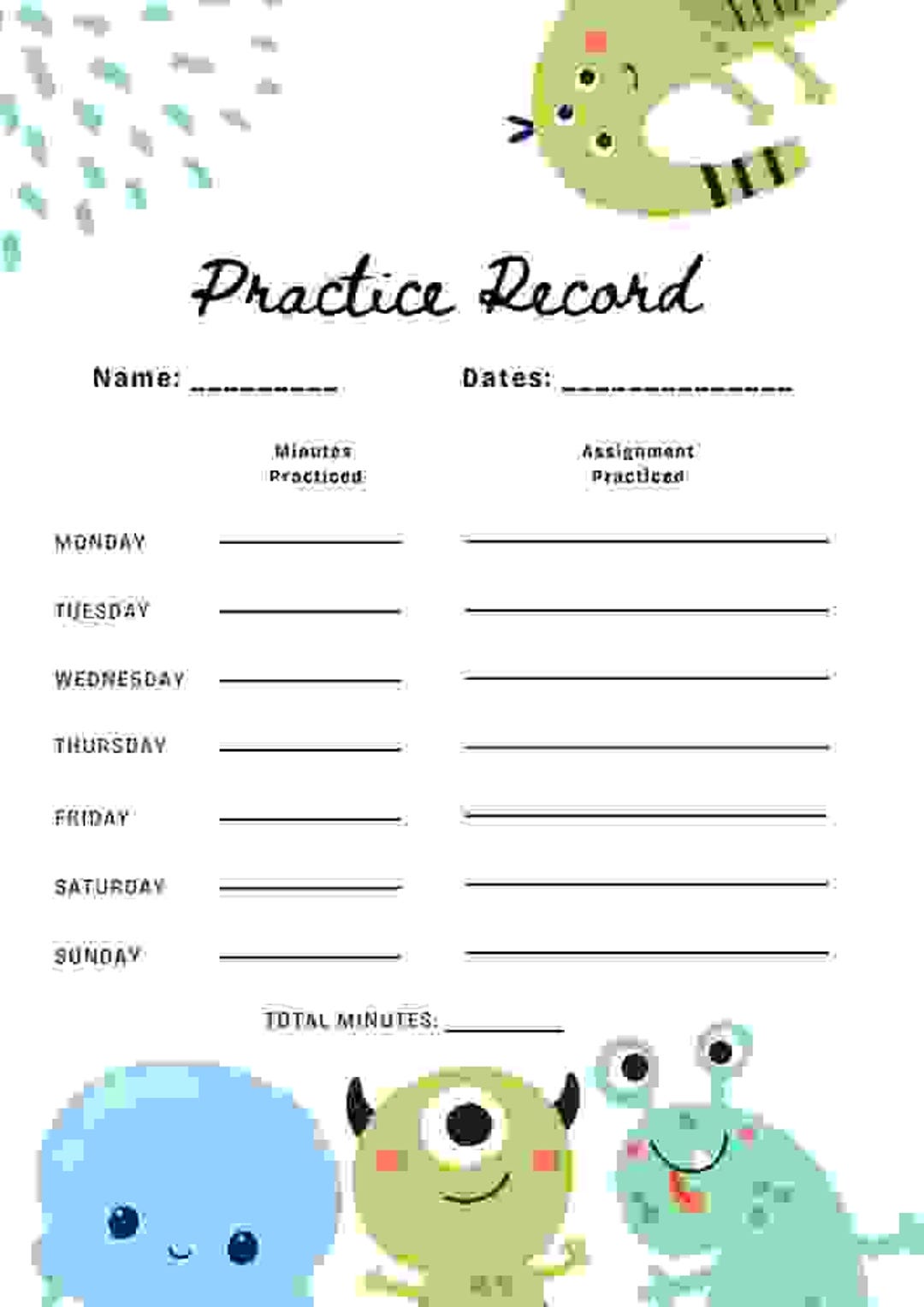 Music Practice Record Log Sheet, for Band Students, Piano Lessons ...