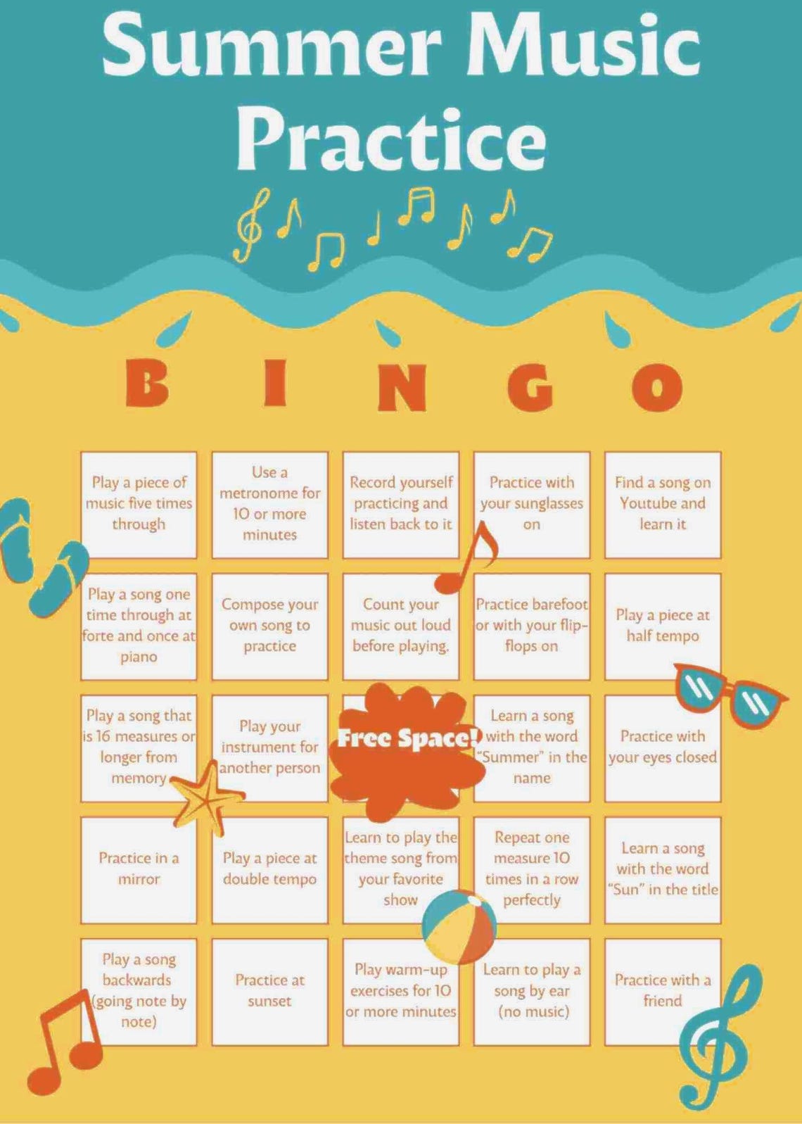 Summer Music Practice Bingo Game for Band Directors, Private Music ...