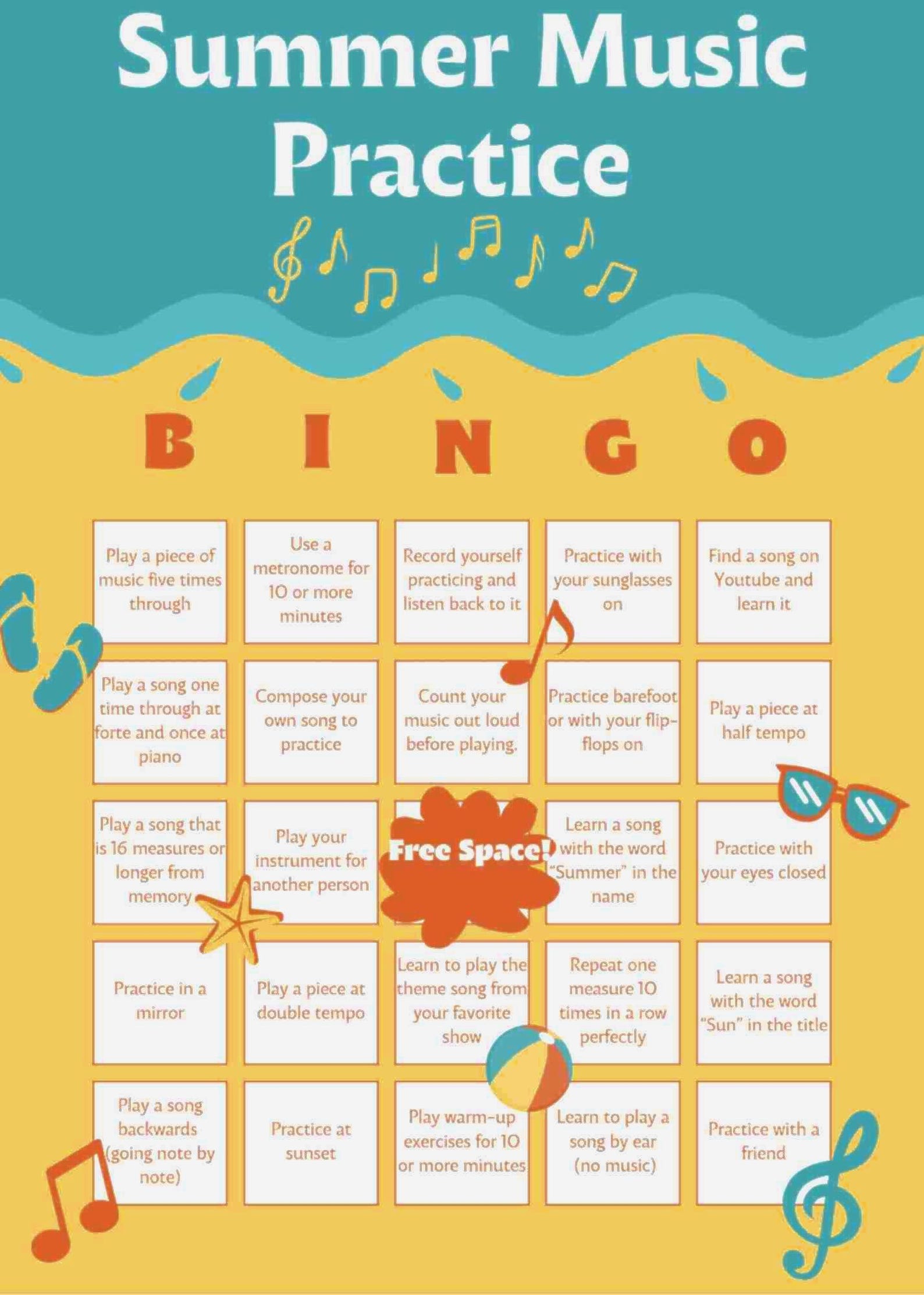 Summer Music Practice Bingo Game for Band Directors, Private Music ...