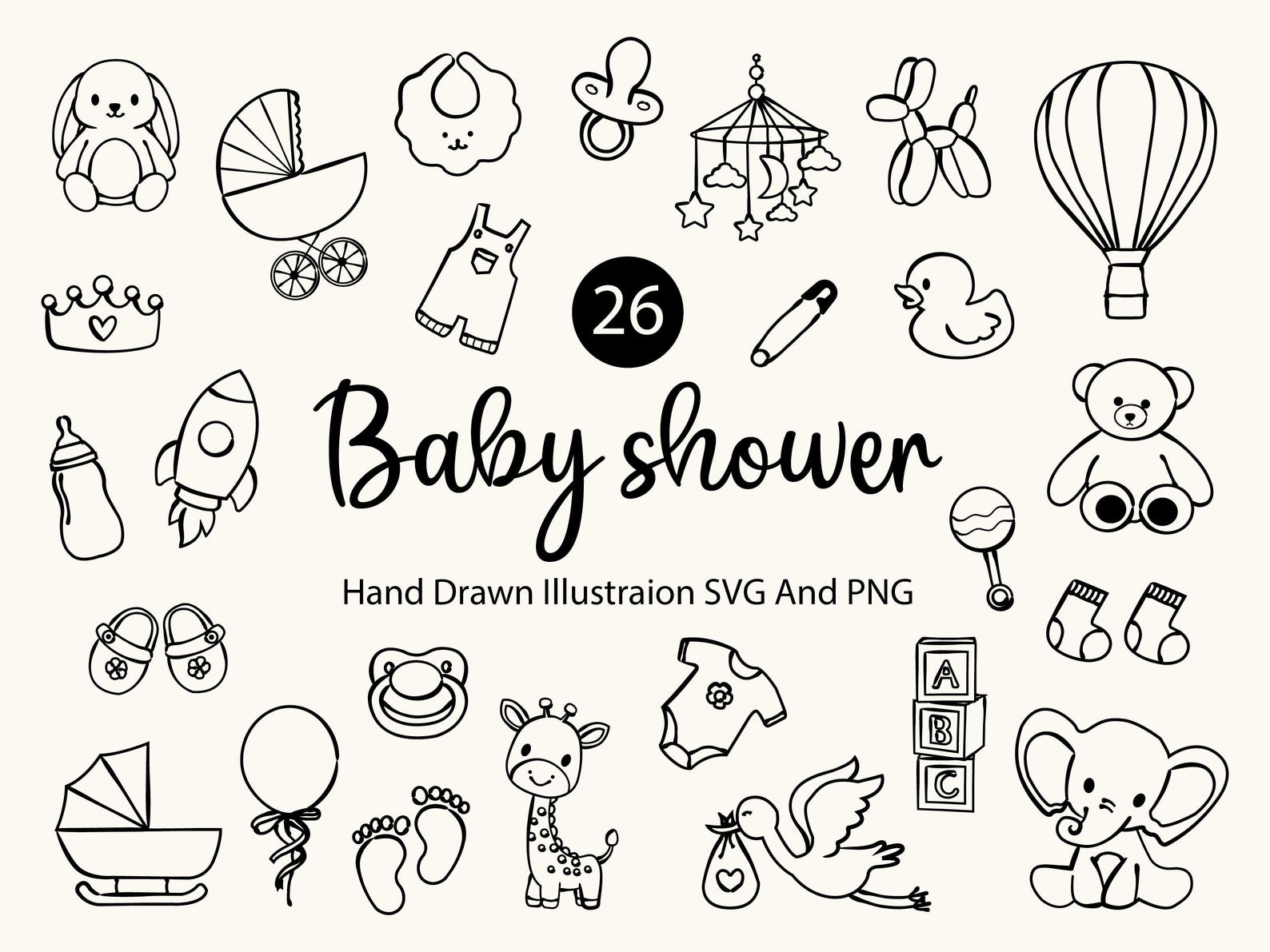 Baby Shower Doodle Clipart Bundle. SVG PNG Hand Drawn Baby ...