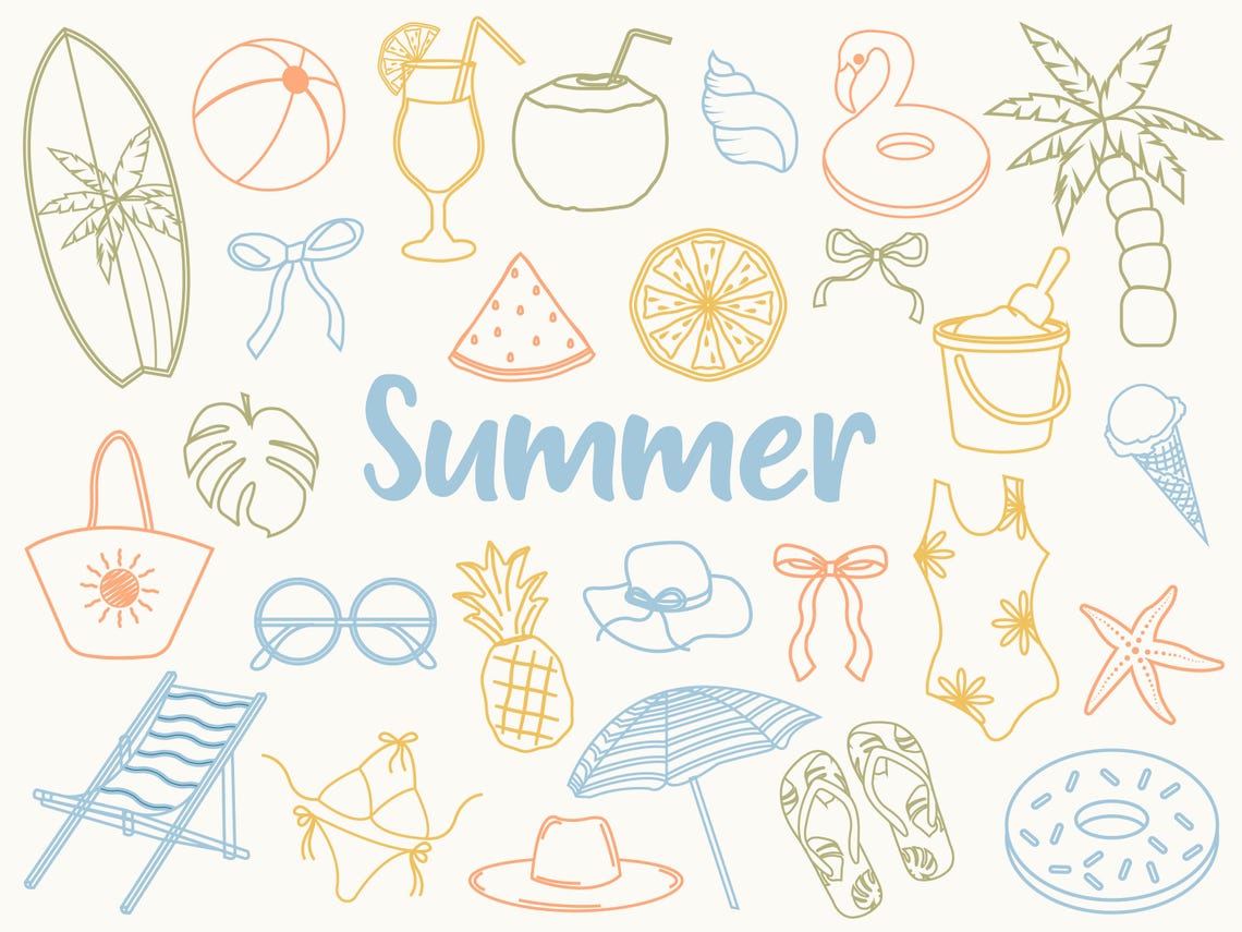25+ Summer Doodle Clipart | Hand Drawn Beach, Pool, Vacation Icons ...