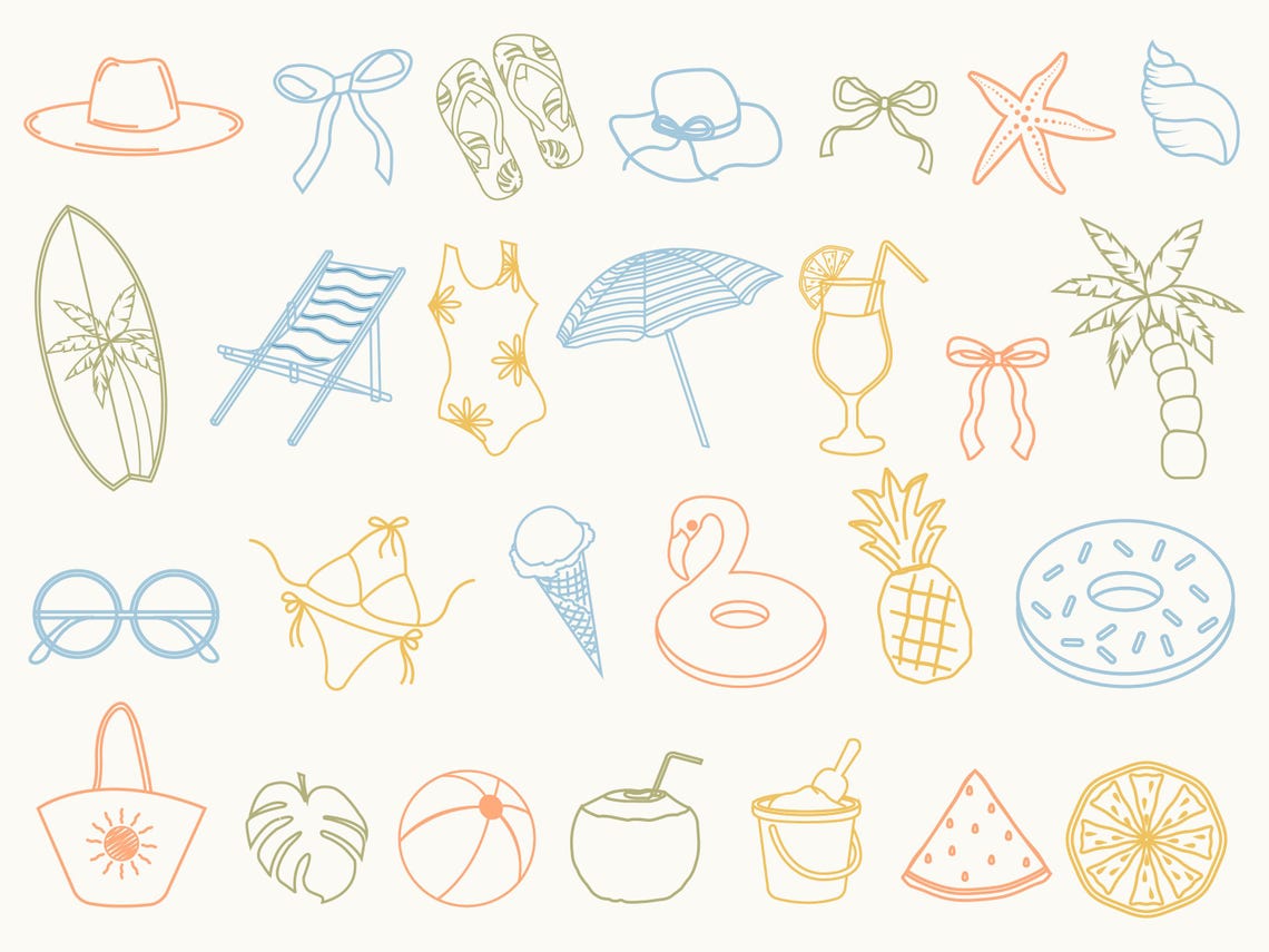 25+ Summer Doodle Clipart | Hand Drawn Beach, Pool, Vacation Icons ...