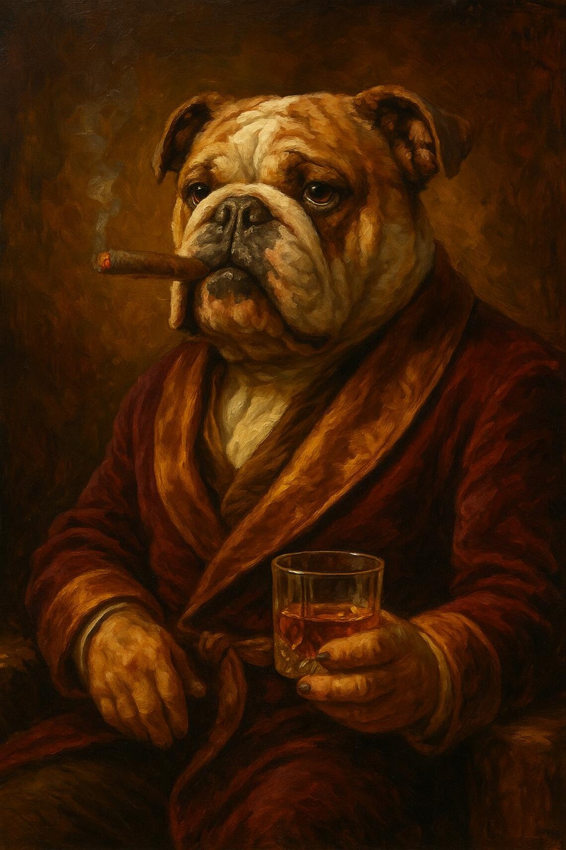 Vintage Bulldog Gentleman Wall Art – Smoking Jacket & Cigar Portrait ...