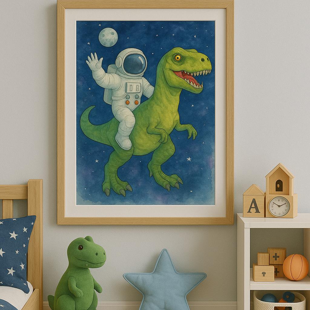 Astronaut Riding Dinosaur Wall Art – Watercolor Space T-rex Print ...