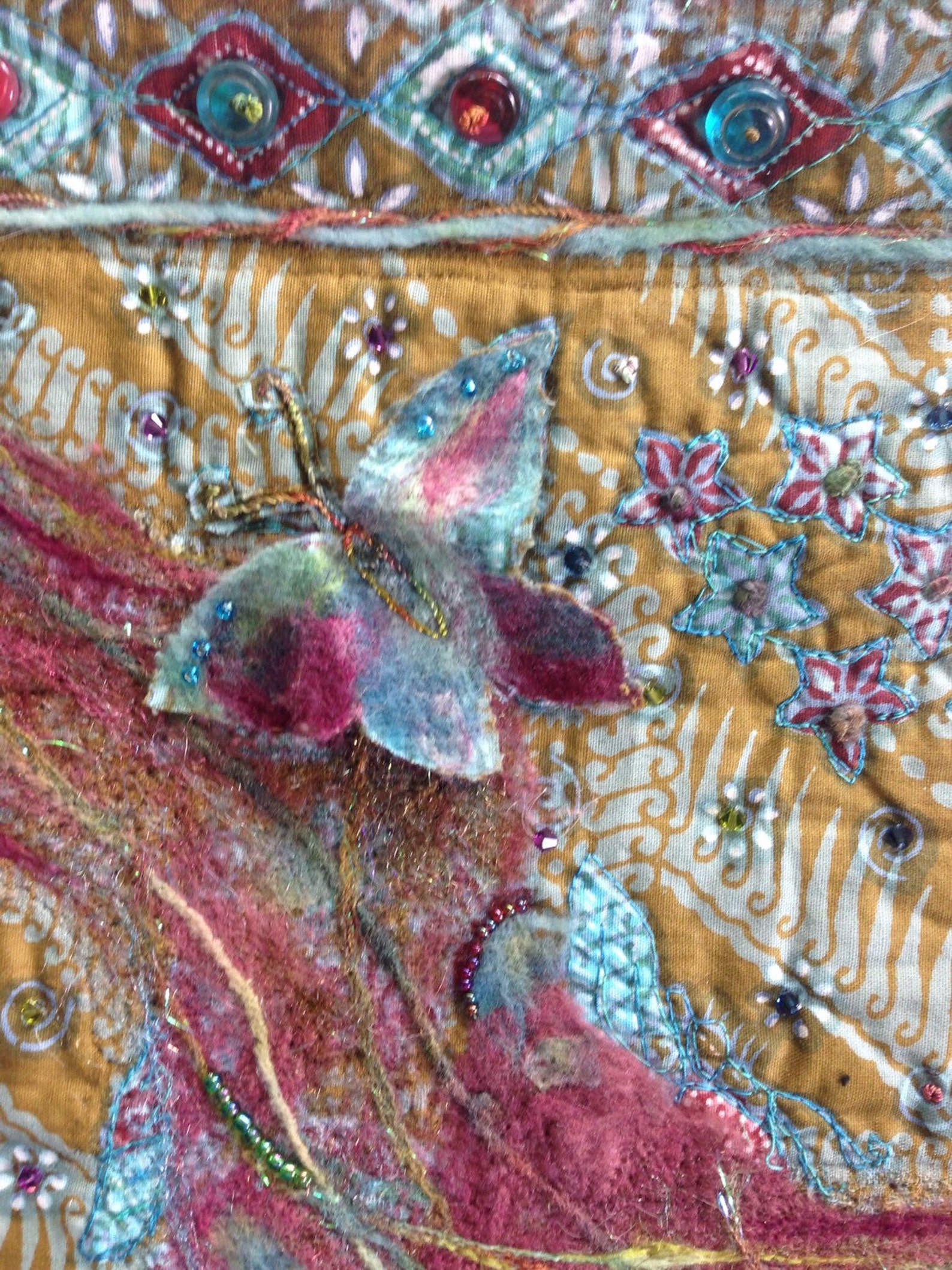 Batik Quilt, Fiber Art, Small Batik Quilt, Embellished Art Quilt ...