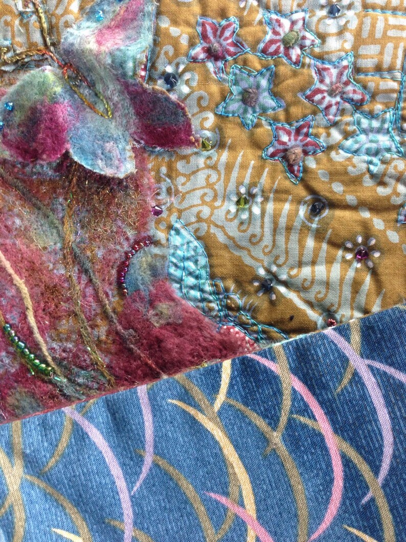 Batik Quilt, Fiber Art, Small Batik Quilt, Embellished Art Quilt ...