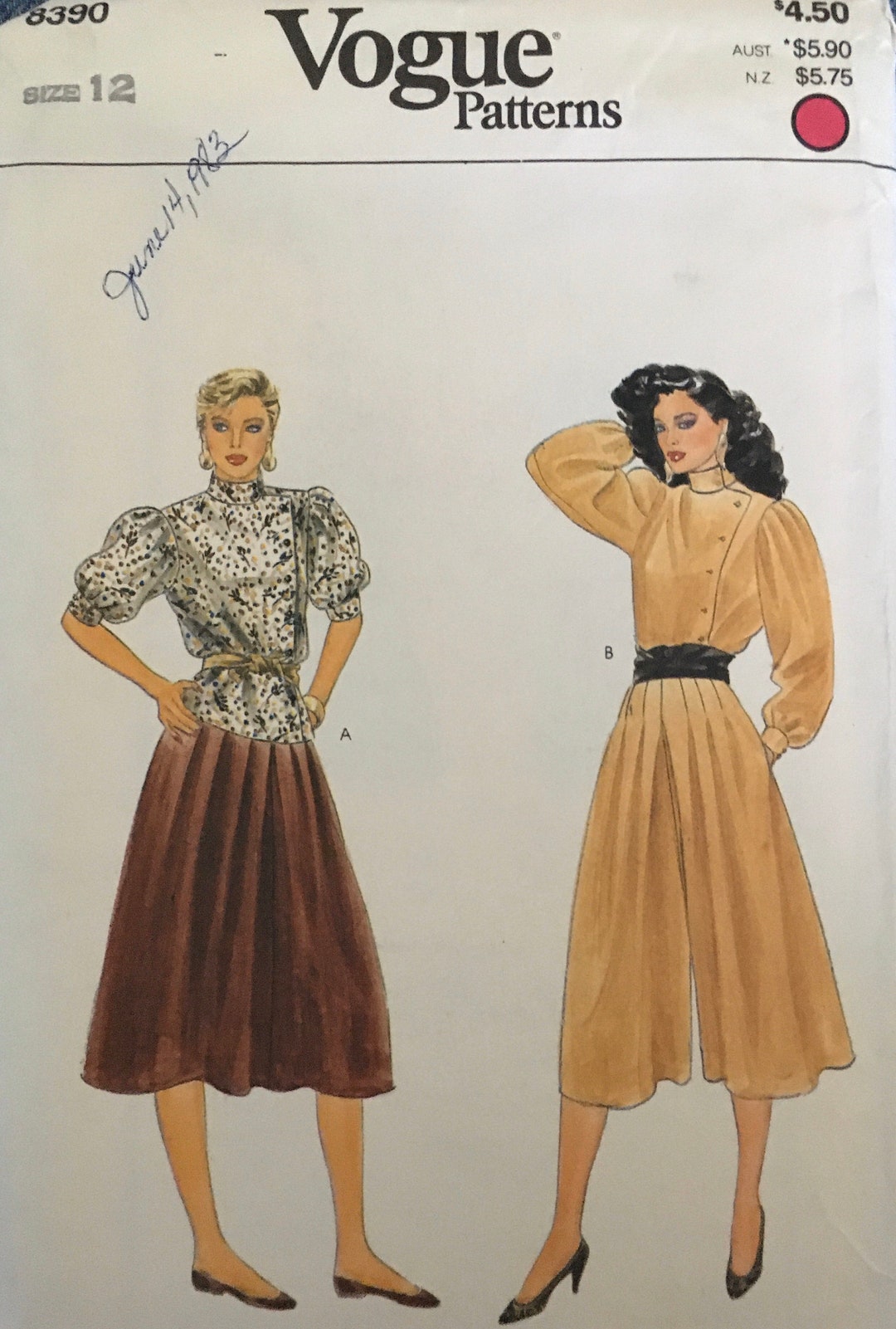 Vintage Vogue Blouse Culottes and Skirt Pattern 8390 Uncut - Etsy