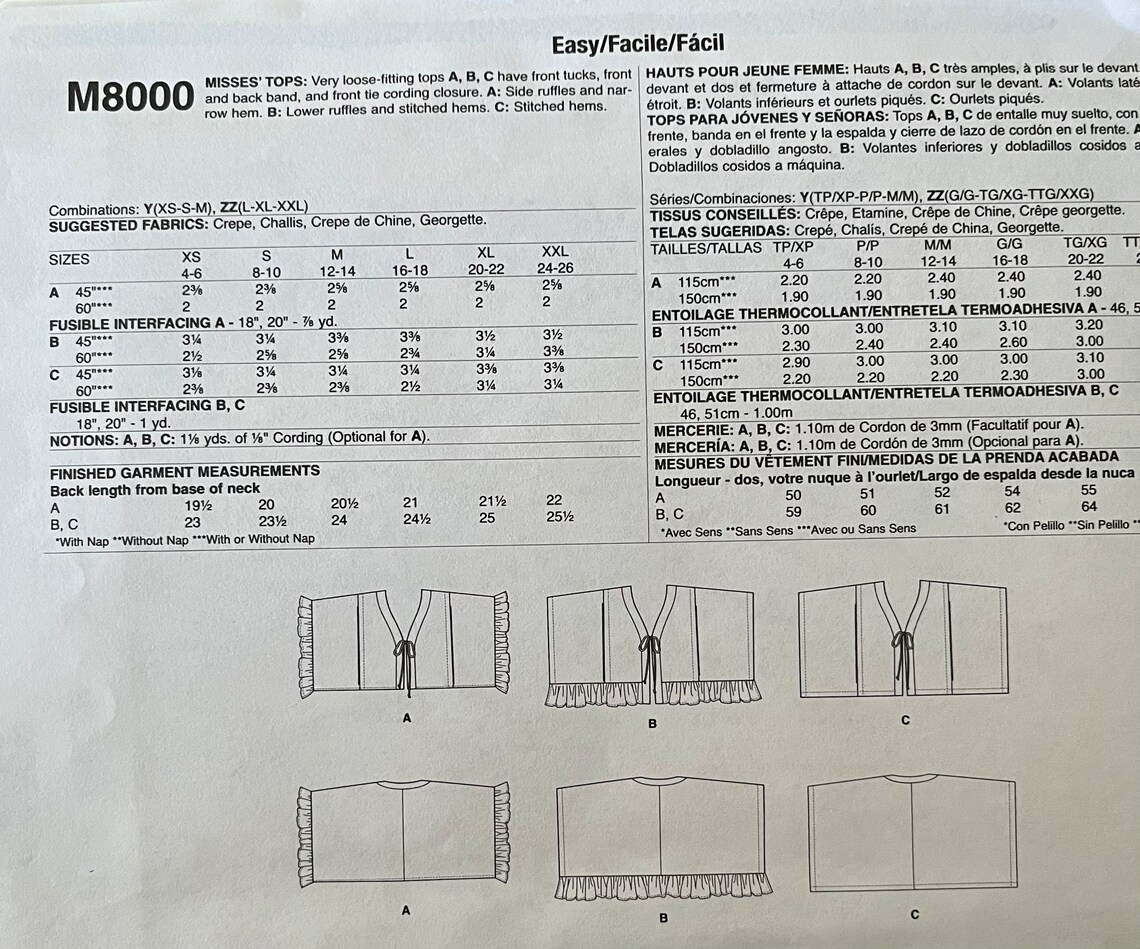 Kimono Style Top Pattern 8000 by Mccalls Uncut - Etsy