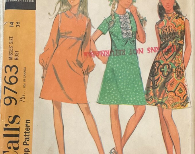 Mod Vintage High Waisted Dress Pattern 9763 by Mccalls Uncut - Etsy