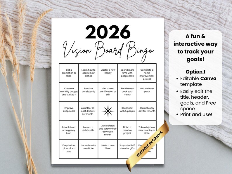 2026 Vision Board Bingo Printable, Editable Canva Template, New Year ...