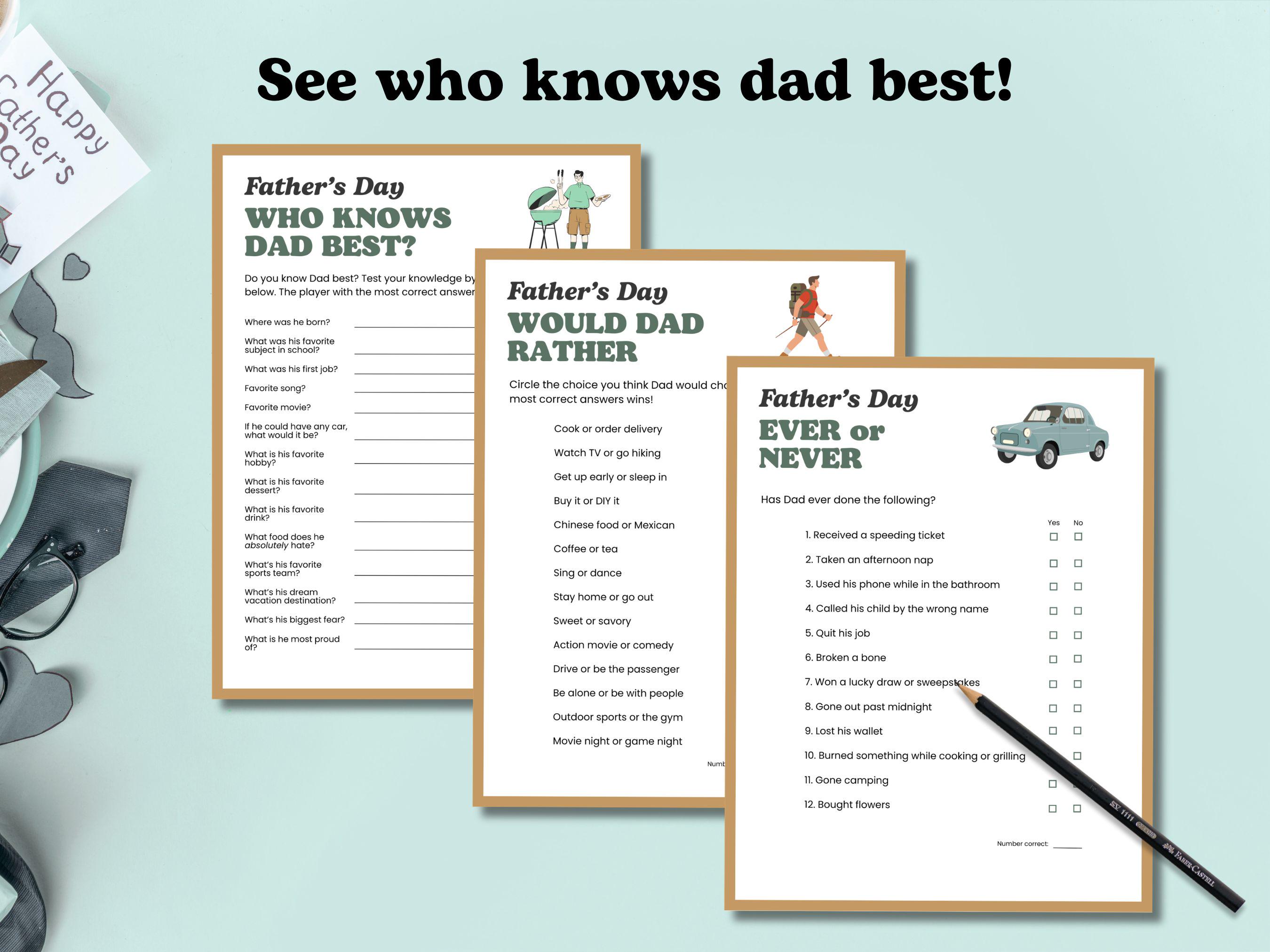 Father’s Day Printable Games Bundle, Would Dad Rather, Who Knows Dad ...