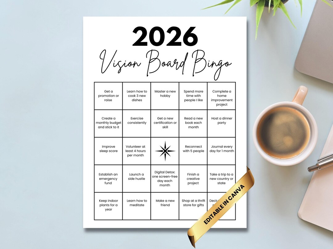 2026 Vision Board Bingo Printable, Editable Canva Template, New Year ...