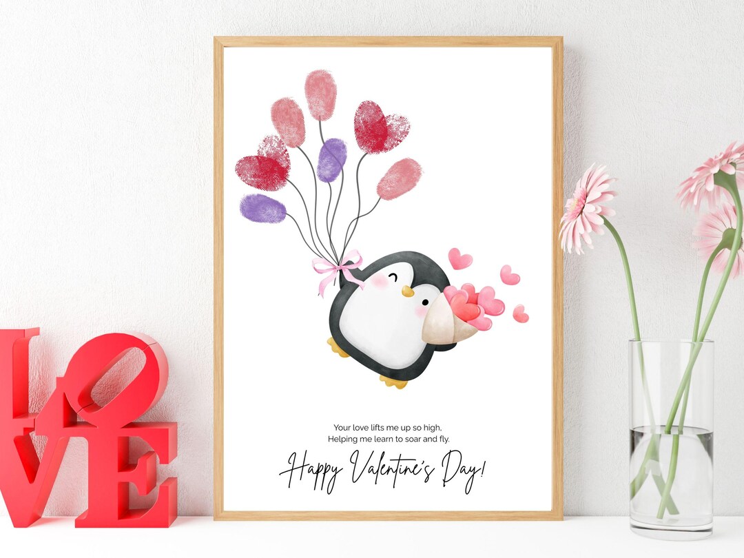 Valentine’s Day Penguin With Balloons Fingerprint Art, Printable ...