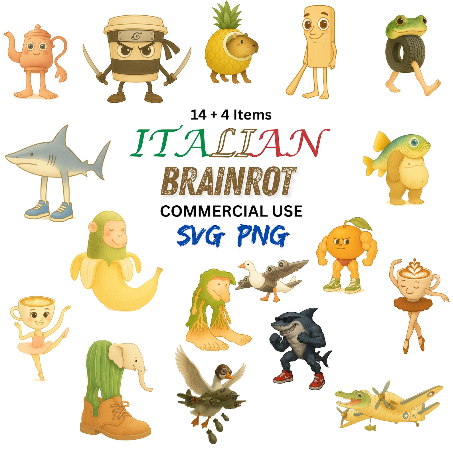 Italian Brainrot 14 Doodle Characters SVG PNG Bundle, Ballerina ...