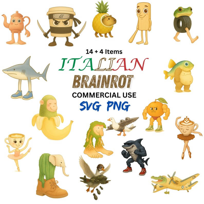 Italian Brainrot 14 Doodle Characters SVG PNG Bundle, Ballerina ...
