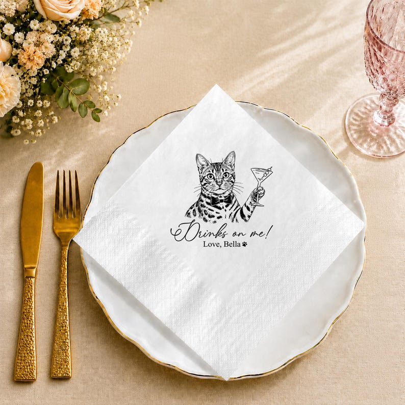Custom Cat Napkins, Illustrated Cat Wedding Cocktail Napkins, Pet ...