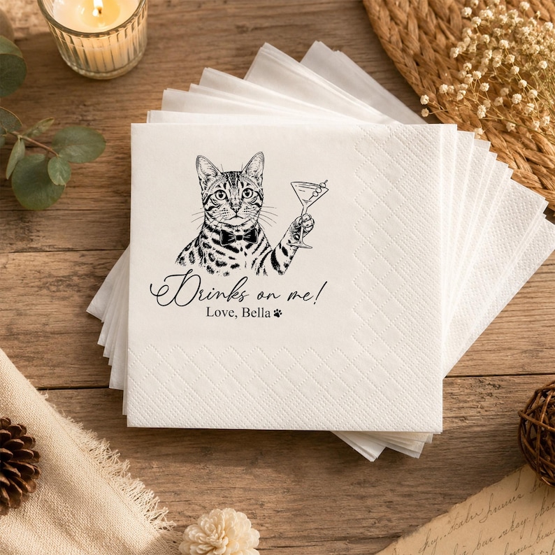 Custom Cat Napkins, Illustrated Cat Wedding Cocktail Napkins, Pet ...