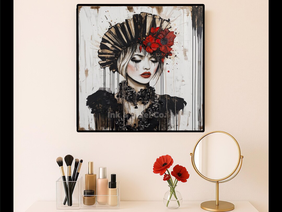 Gothic Glam Wall Art, Fashion Portrait Print, Red Poppy Crown Art ...