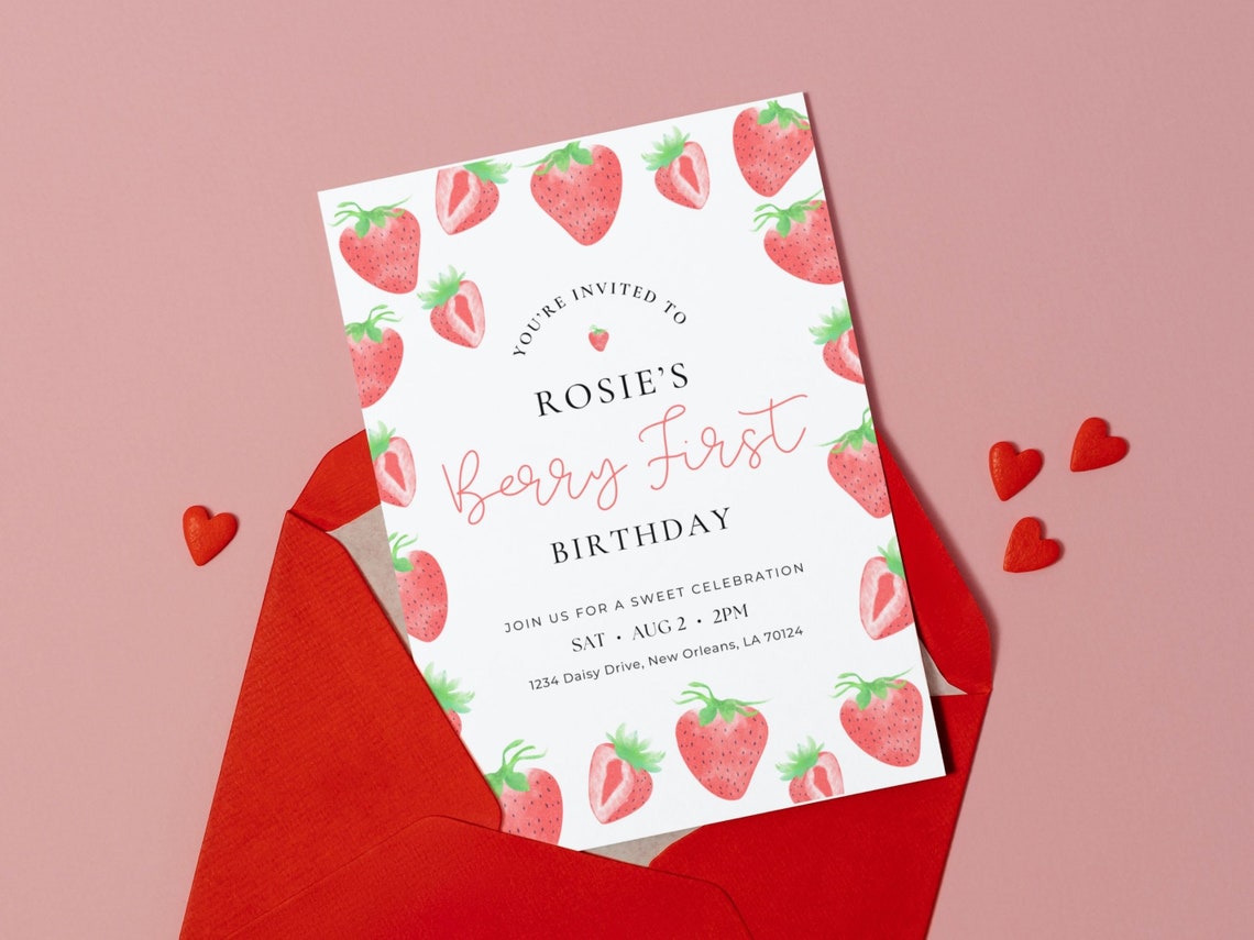 Berry First Birthday, Strawberry Invite, Strawberry Invite, Invitation ...