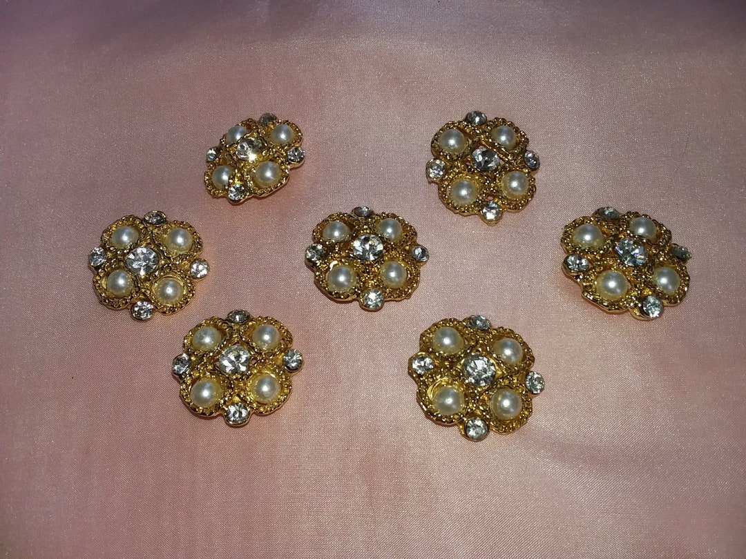 1980's Vintage Gold, Pearl and Rhinestone Bridal Buttons, Ornate Gem ...