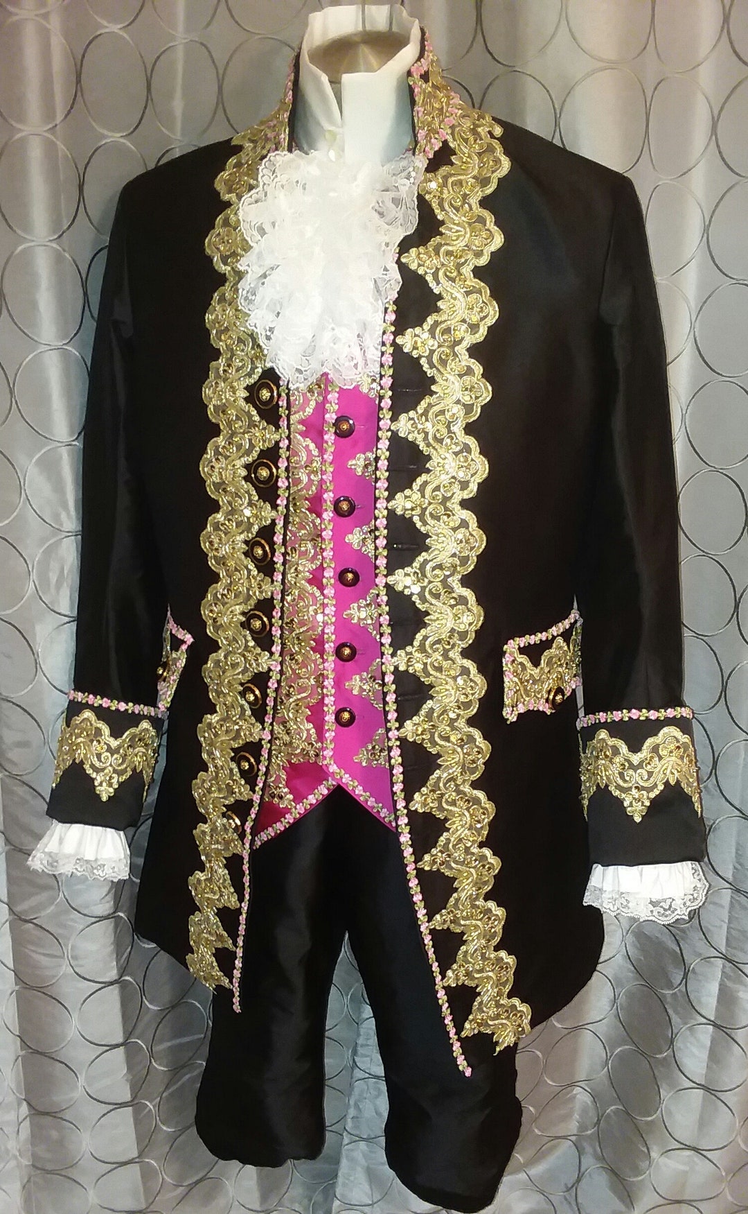 Mans 18th Century Rococo Suit Ensemble in 4 Pieces Black Satin Blue ...