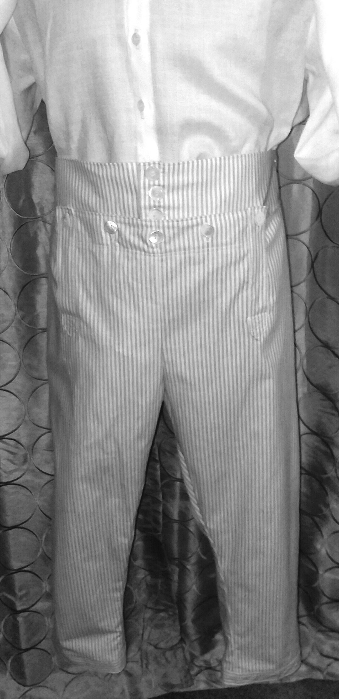 English Regency Fall Front Knee Breeches en algodón raya azul y blanca ...