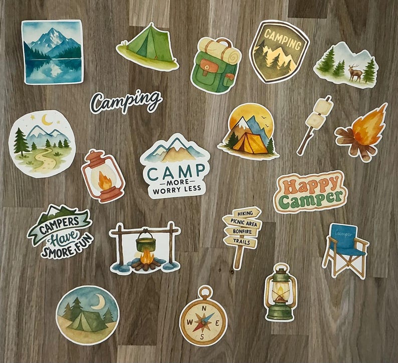 Watercolor Camping Stickers: Nature Adventure Decals - Waterproof Vinyl ...