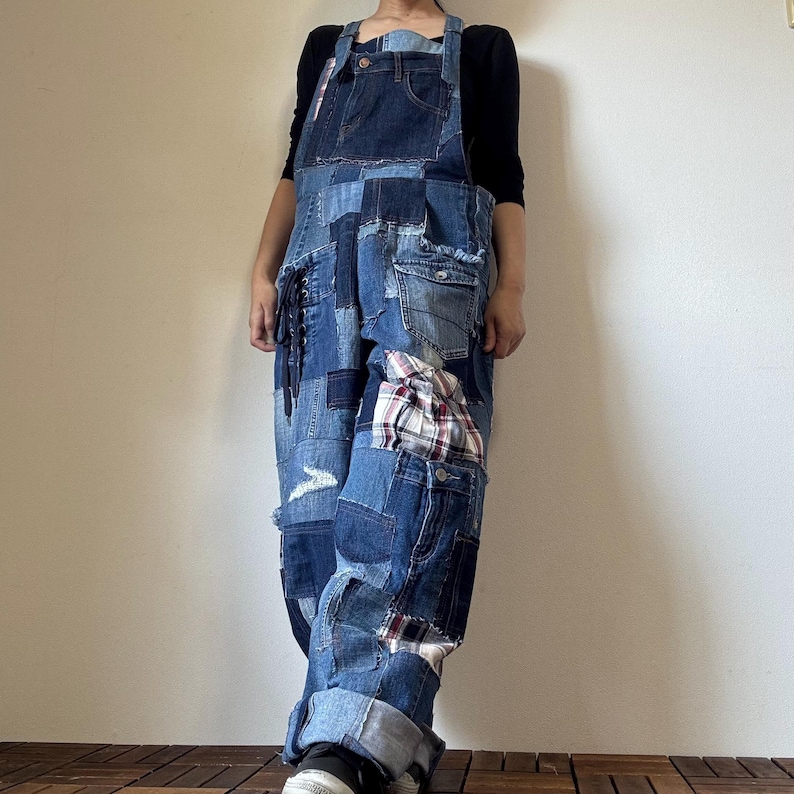 Upcycled Patchwork Denim Overalls – Handmade One-of-a-kind Reworked Jeans With Flannel Shirt ...