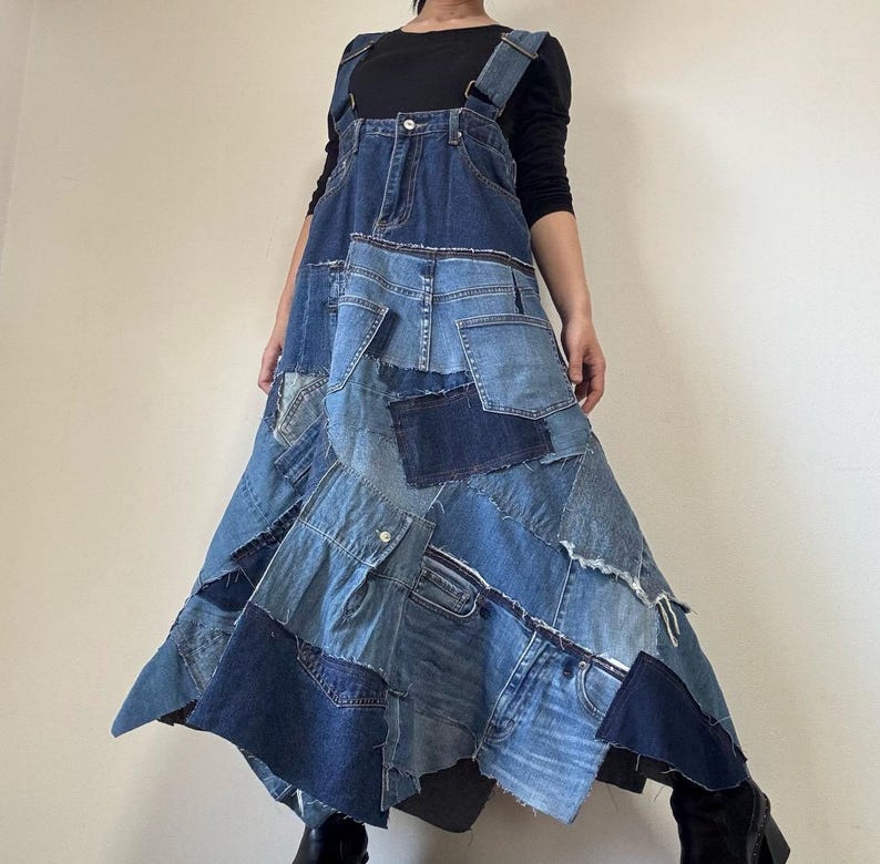 Upcycled Patchwork Denim Overall Dress – Handmade Maxi Jumper Skirt With Raw Edges, Big Pockets ...