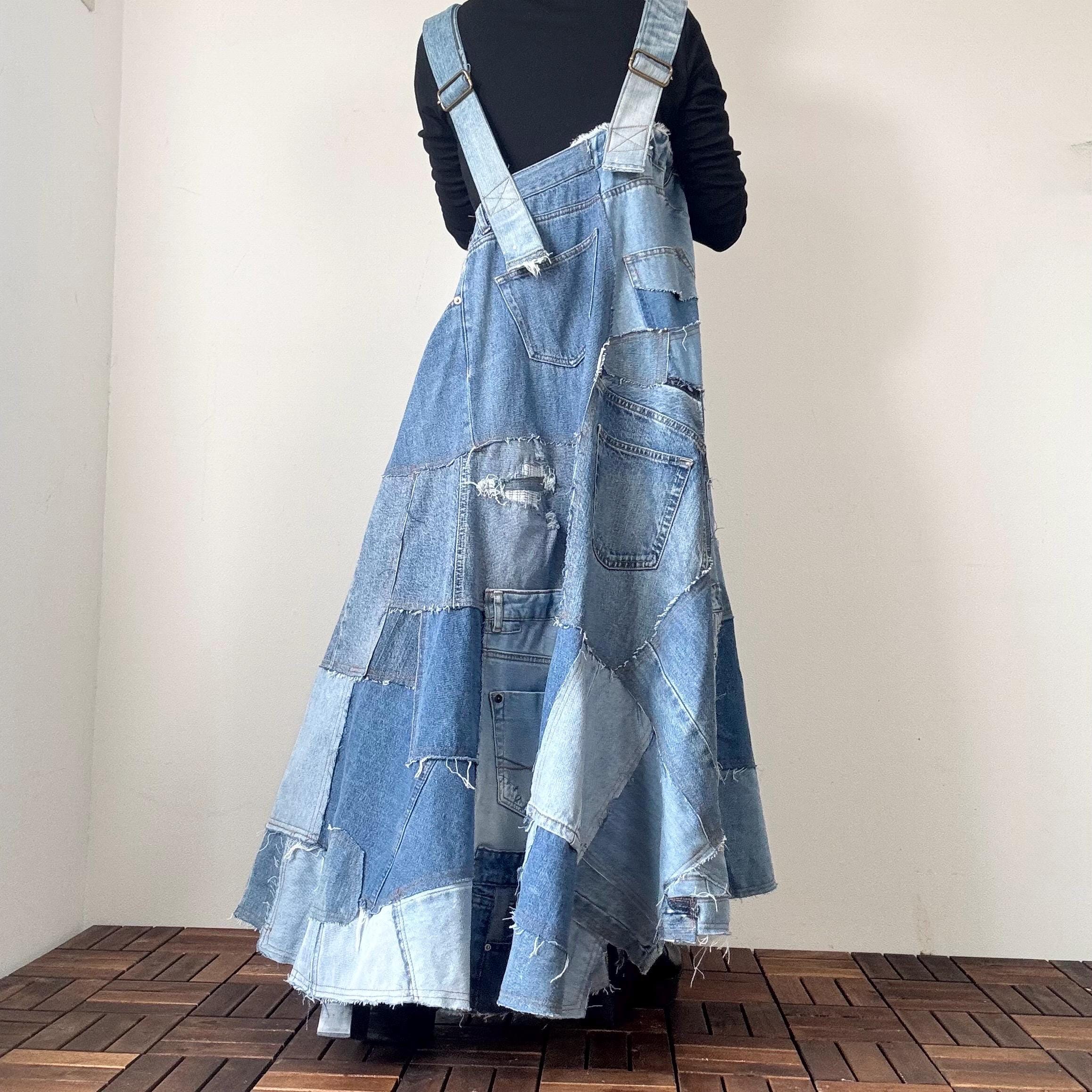 Patchwork Denim Jumper Dress – Upcycled Maxi Overall Dress With Wide ...