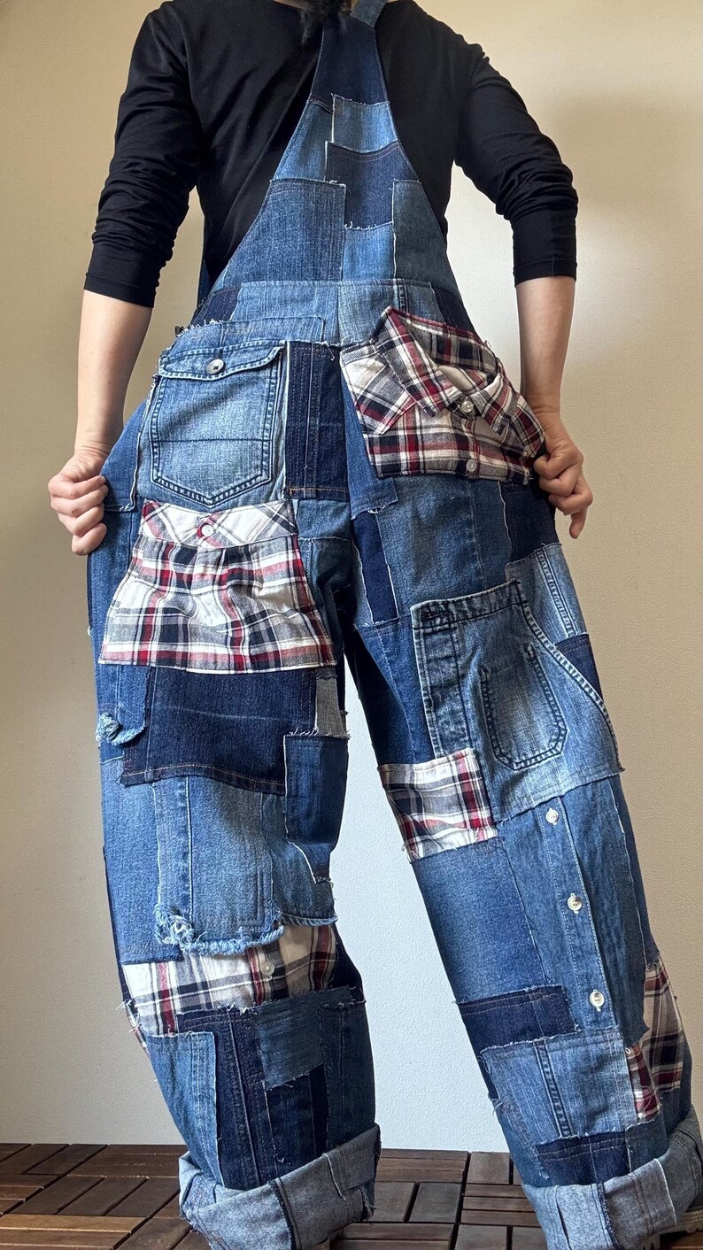 Upcycled Patchwork Denim Overalls – Handmade One-of-a-kind Reworked Jeans With Flannel Shirt ...
