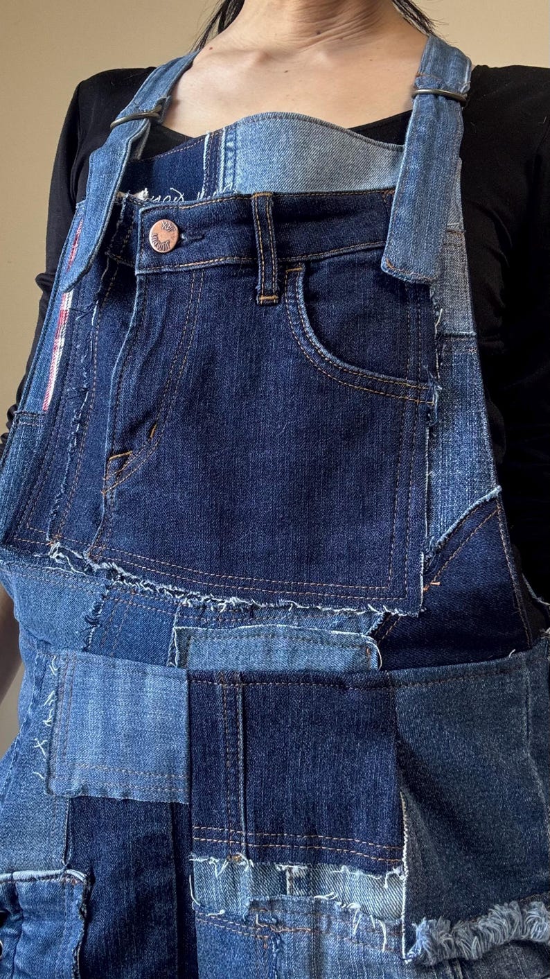 Upcycled Patchwork Denim Overalls – Handmade One-of-a-kind Reworked Jeans With Flannel Shirt ...