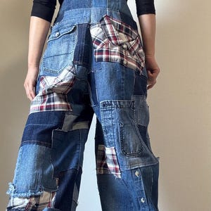 Upcycled Patchwork Denim Overalls – Handmade One-of-a-kind Reworked Jeans With Flannel Shirt ...