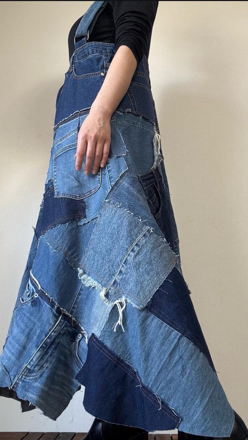 Upcycled Patchwork Denim Overall Dress – Handmade Maxi Jumper Skirt With Raw Edges, Big Pockets ...