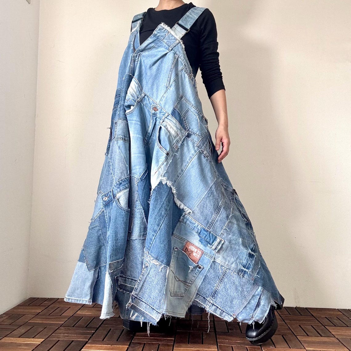 Patchwork Denim Jumper Dress – Upcycled Maxi Overall Dress With Wide ...