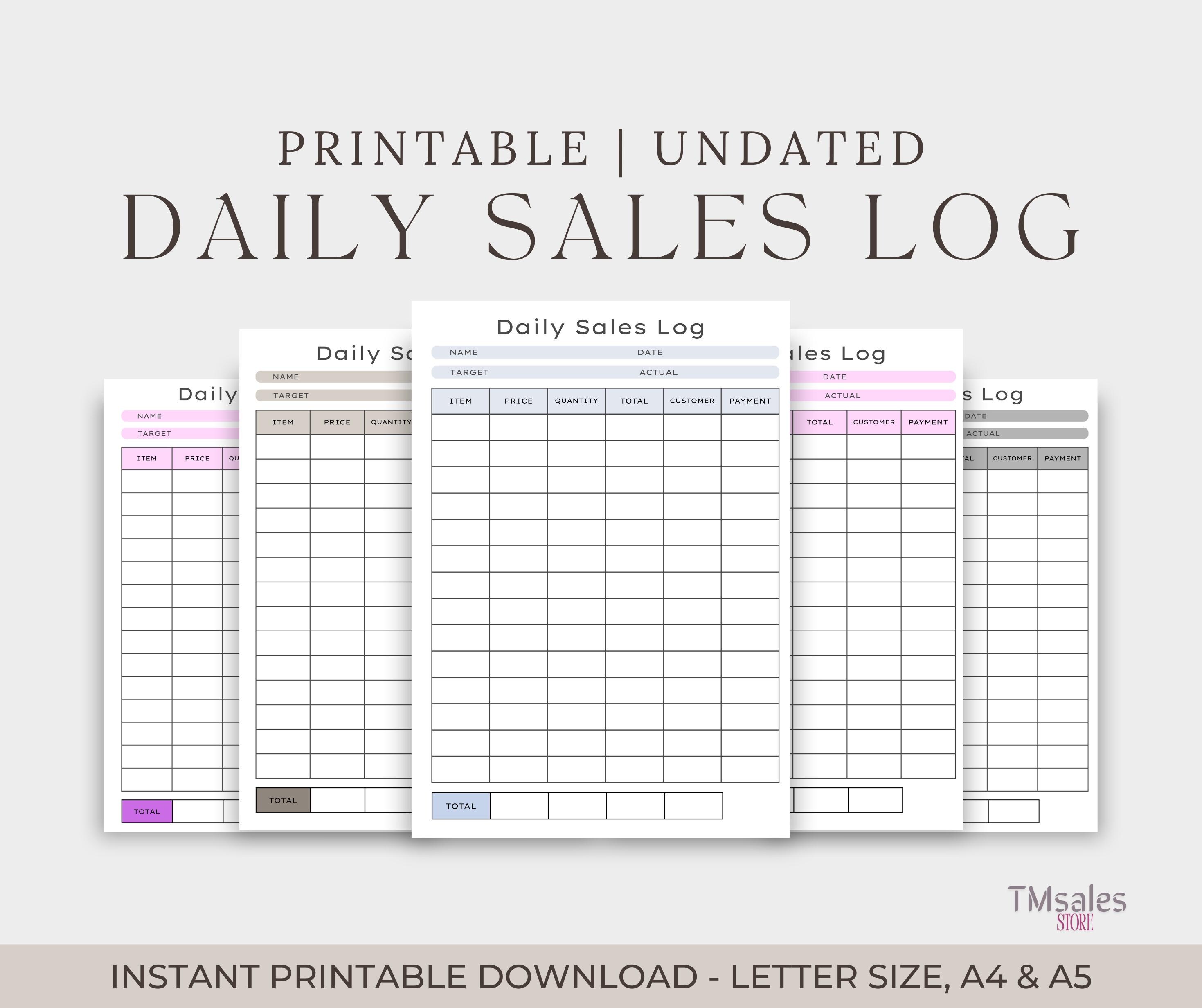 Sales Log Printable PDF - Daily Sales Planner | Business Sale Template ...