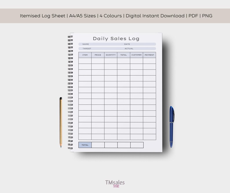 Sales Log Printable PDF - Daily Sales Planner | Business Sale Template ...