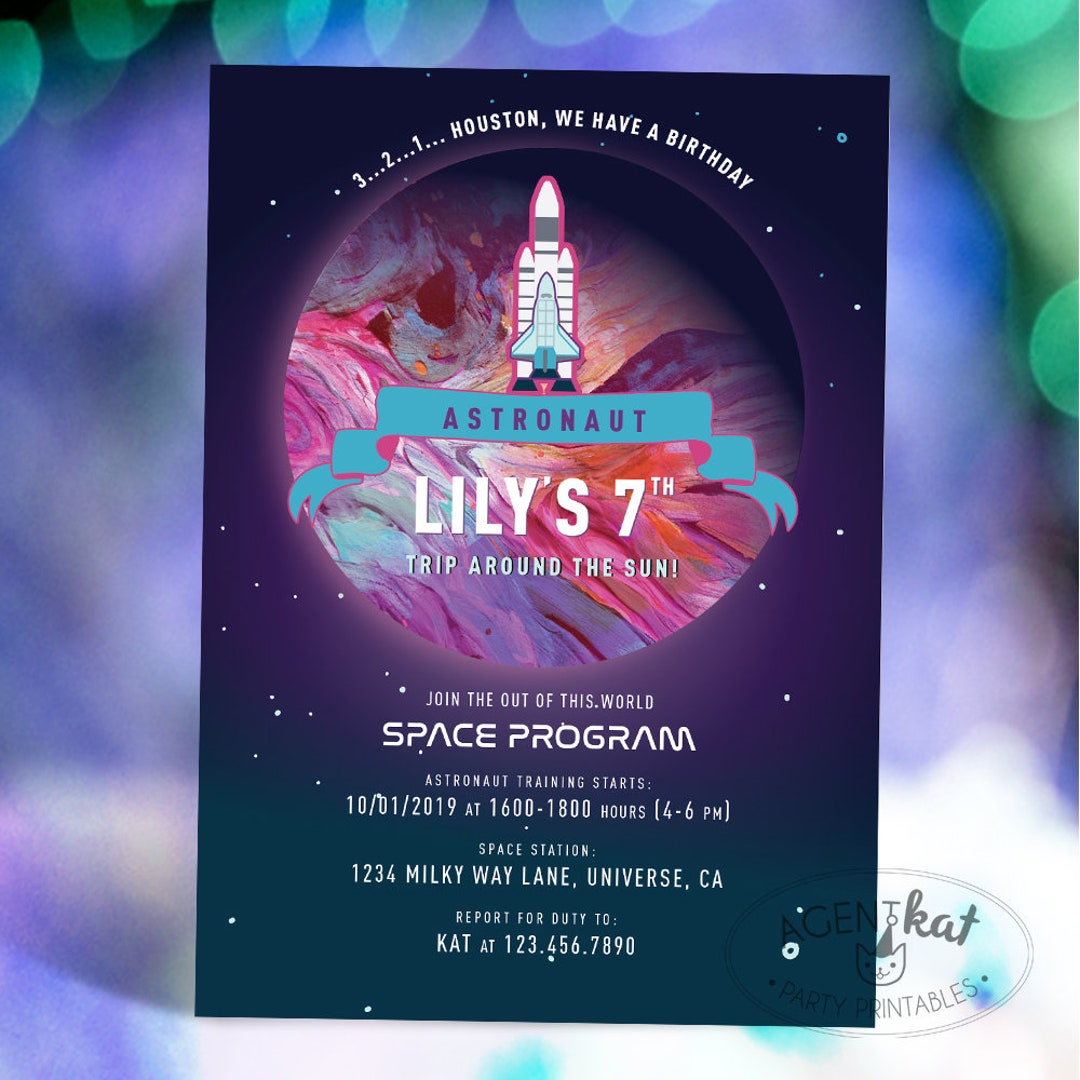 Space Girl Dark Party Invitation Astronaut Outer Space Planet Invite ...