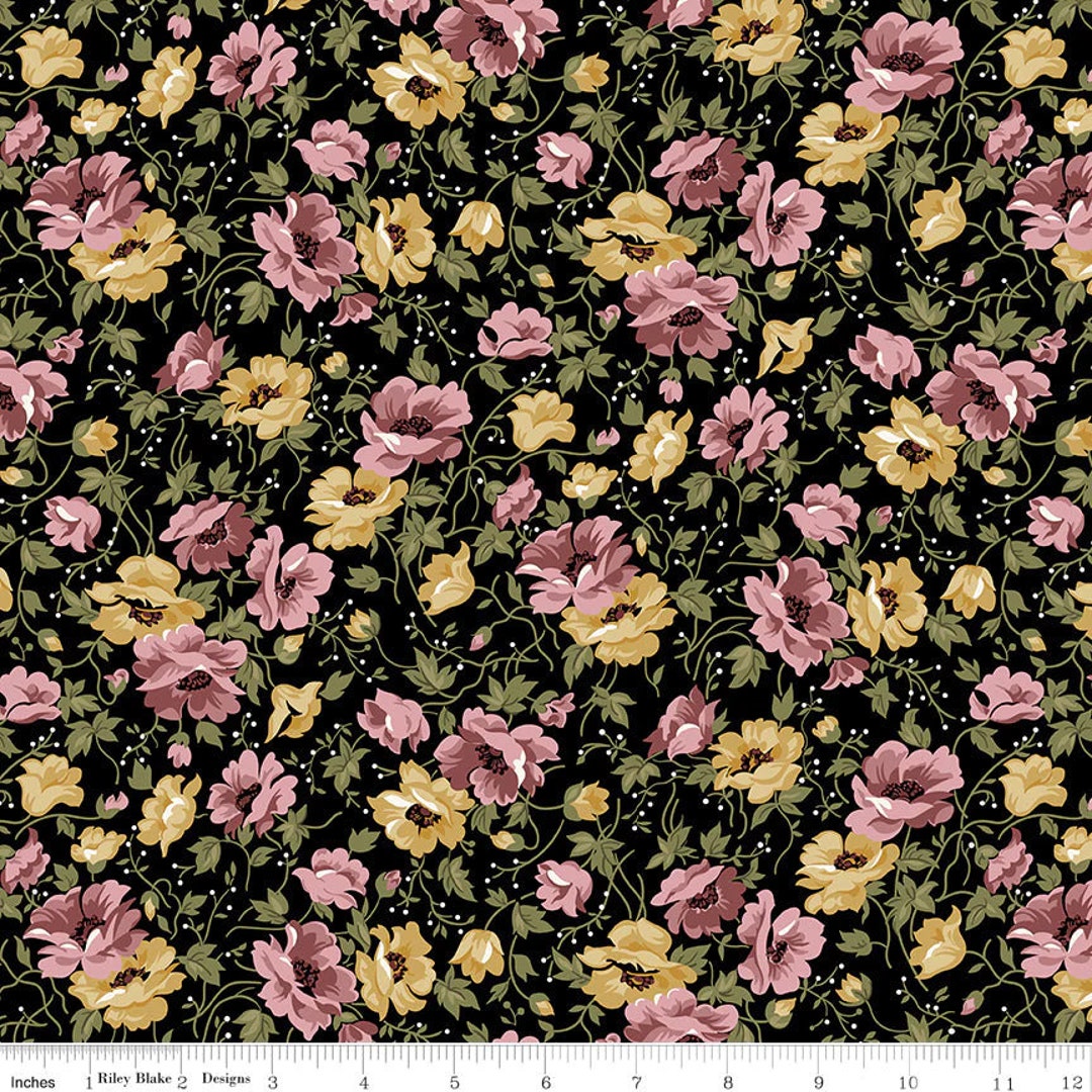 Cotton Fabric Fat Quarter, Half Metre or Metre Midnight Garden Flowers ...