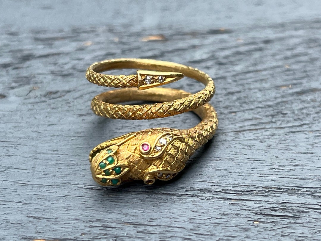 Antique 18k Gold Dragon Serpent Ring With Ruby, Diamond, and Jade, Size ...