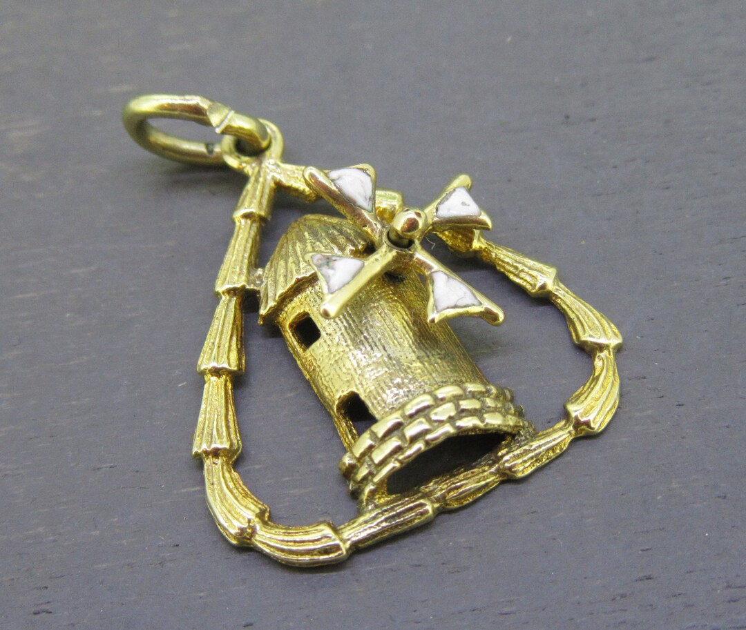 Vintage 14k Yellow Gold Windmill Charm With Movable Fan With White ...