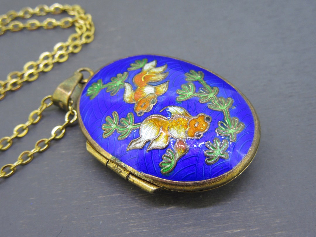 Vintage Enamel & Sterling Koi Fish Oval Locket Necklace With 18" Gold ...