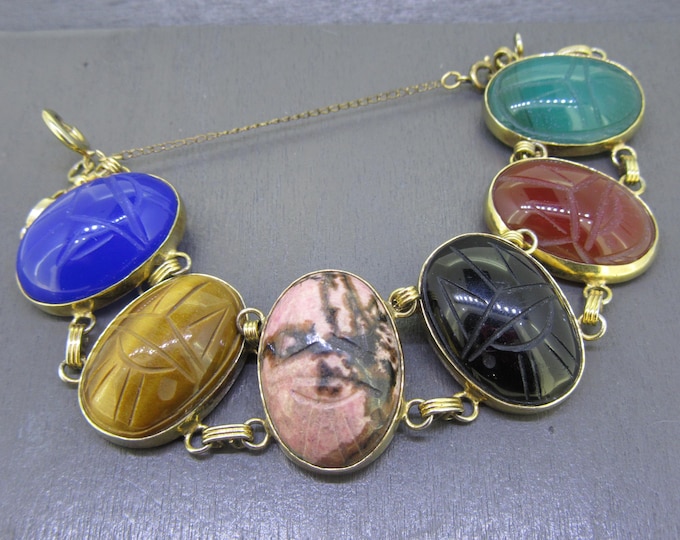 Huge 7" Vintage Gold Filled Scarab Bracelet With Semi Precious Stones ...