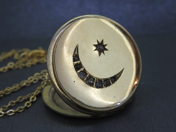 Antique Rhinestone Crescent Moon & Star Locket Neckla… - Gem