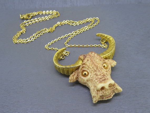 Vintage Taurus Bull Pendant Necklace Signed Razza - Gem