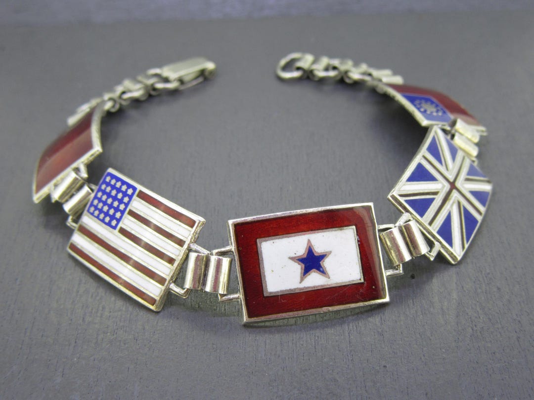 Vintage Sterling Enamel WW2 Allied Flags Bracelet, Blue Star Service ...