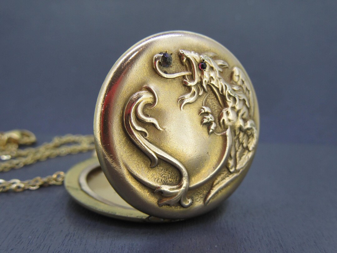 Antique Dragon Locket Necklace With 18" Chain, Dragon With Rhinestone ...