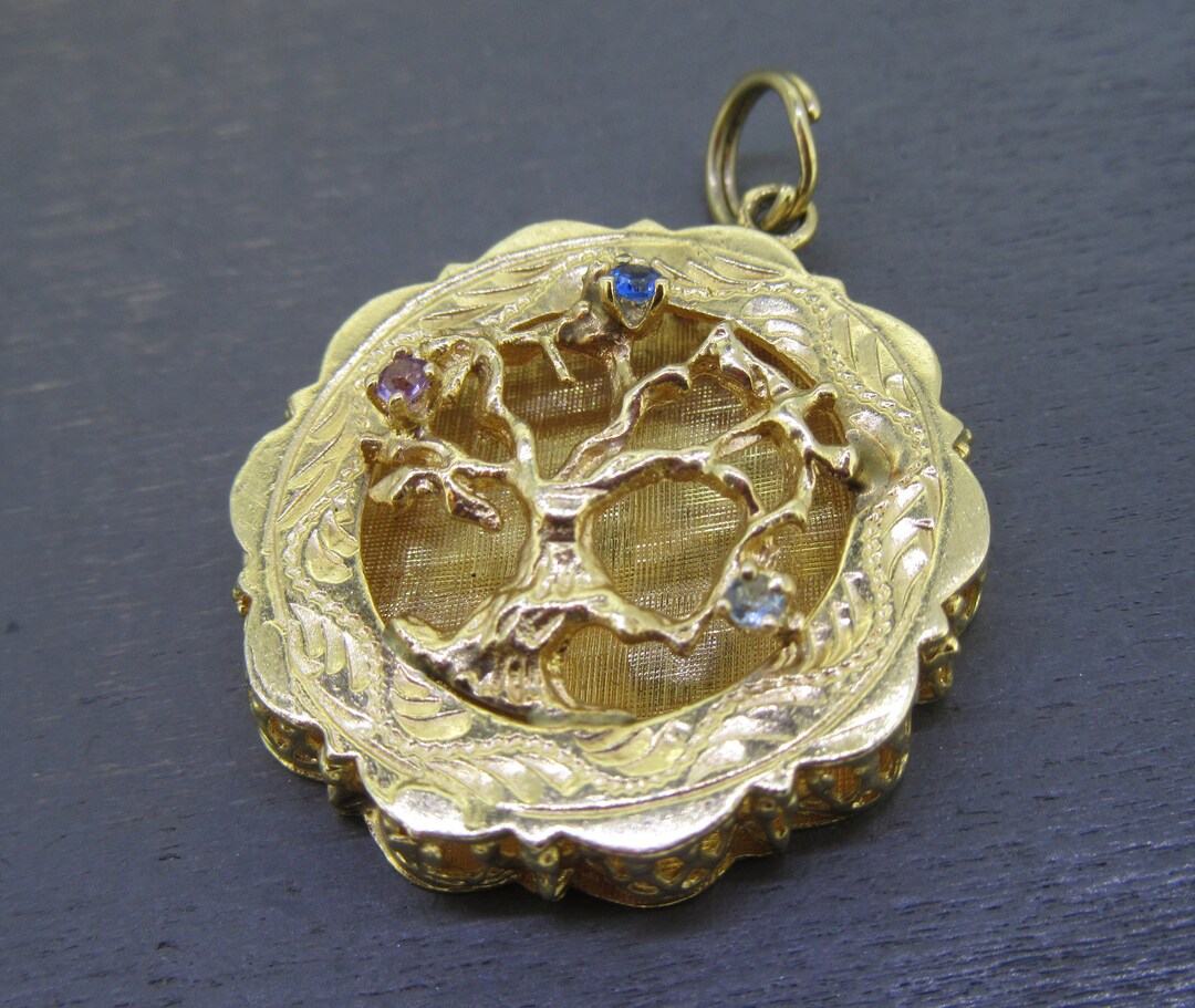 Vintage 14k Gold Family Tree of Life Charm or Pendant, Amethyst, Blue ...